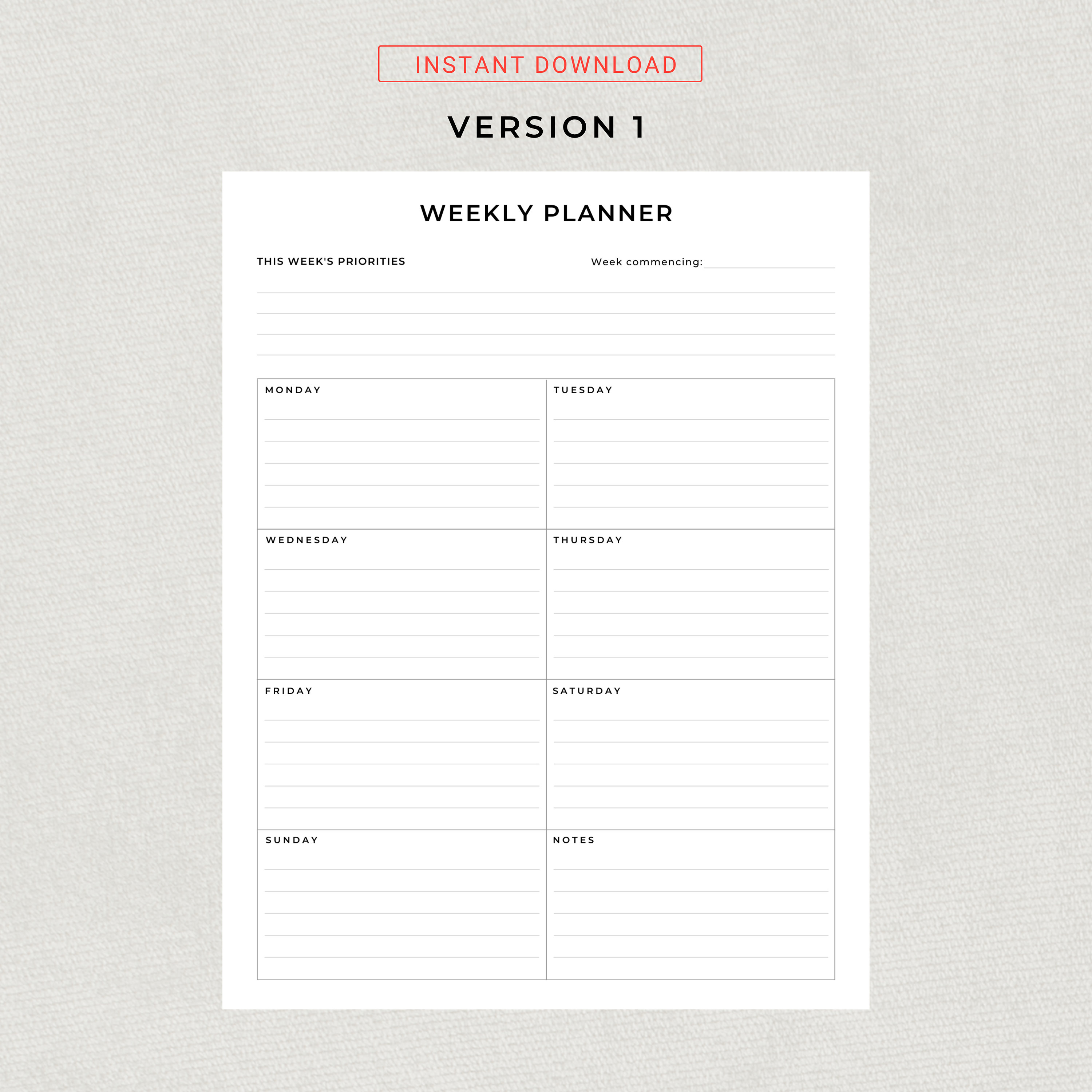 Printable Weekly Planner Vertical Minimalist Weekly Schedule Weekly ...