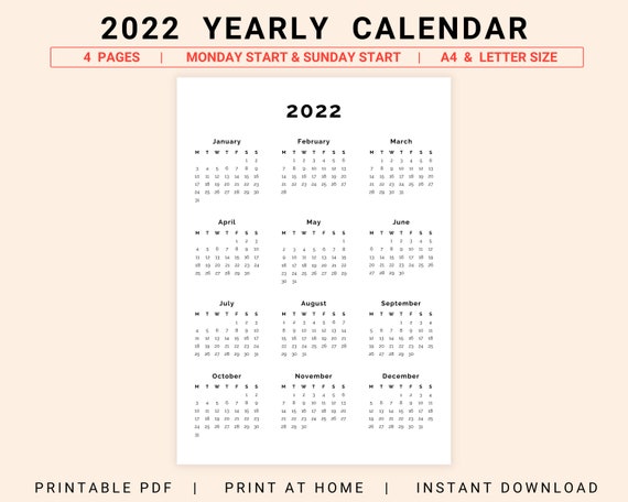 2022 Yearly Calendar Printable on One Page 2022 Year at a - Etsy