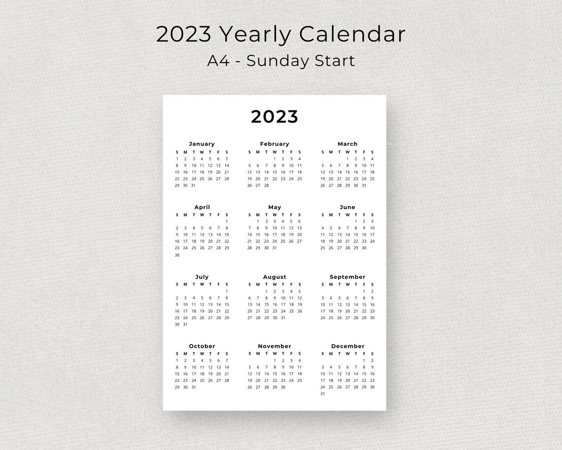 2023 Yearly Calendar Printable One Page Wall Calendar 2023 Year at a ...