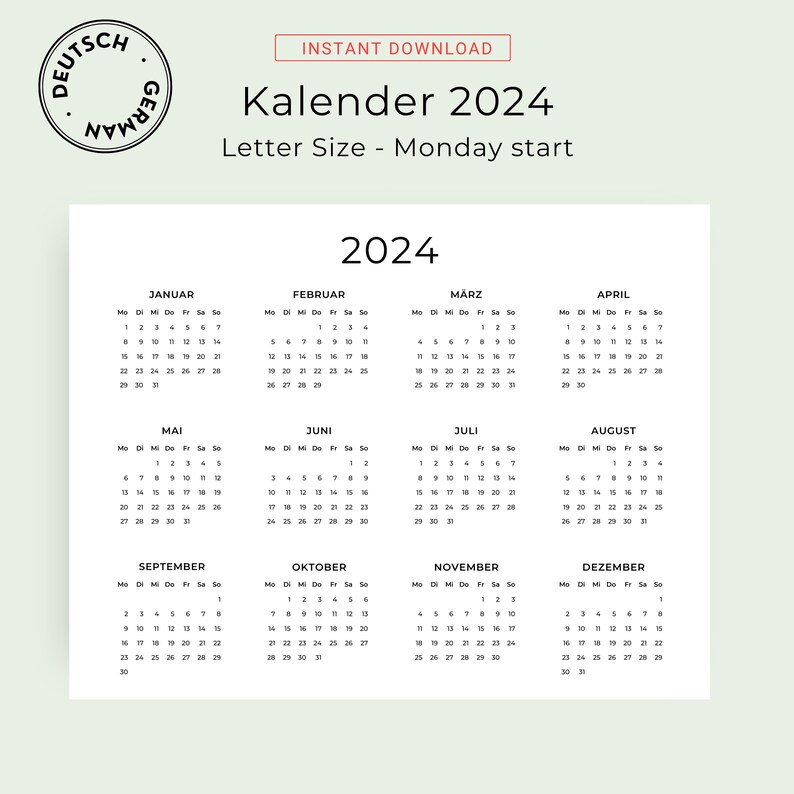 Kalender 2024 Kalender Deutsch Jahreskalender 2024 Yearly Calendar 2024 ...