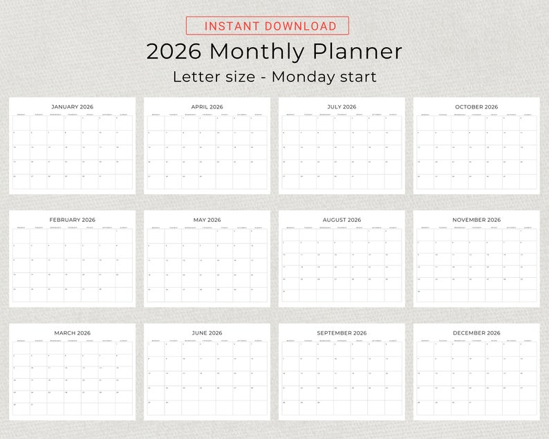 2026 Monthly Calendar PRINTABLE 2026 Monthly Planner Landscape 2026 Minimal Calendar A4 Letter ...