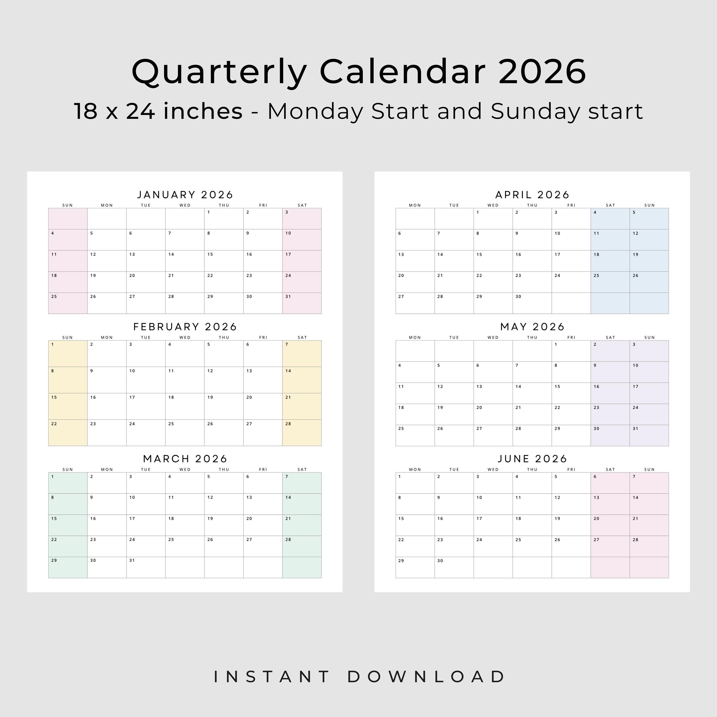 2026 Quarterly Calendar Poster Size 18x24 Inch A2 A3 2026 3 Months per ...