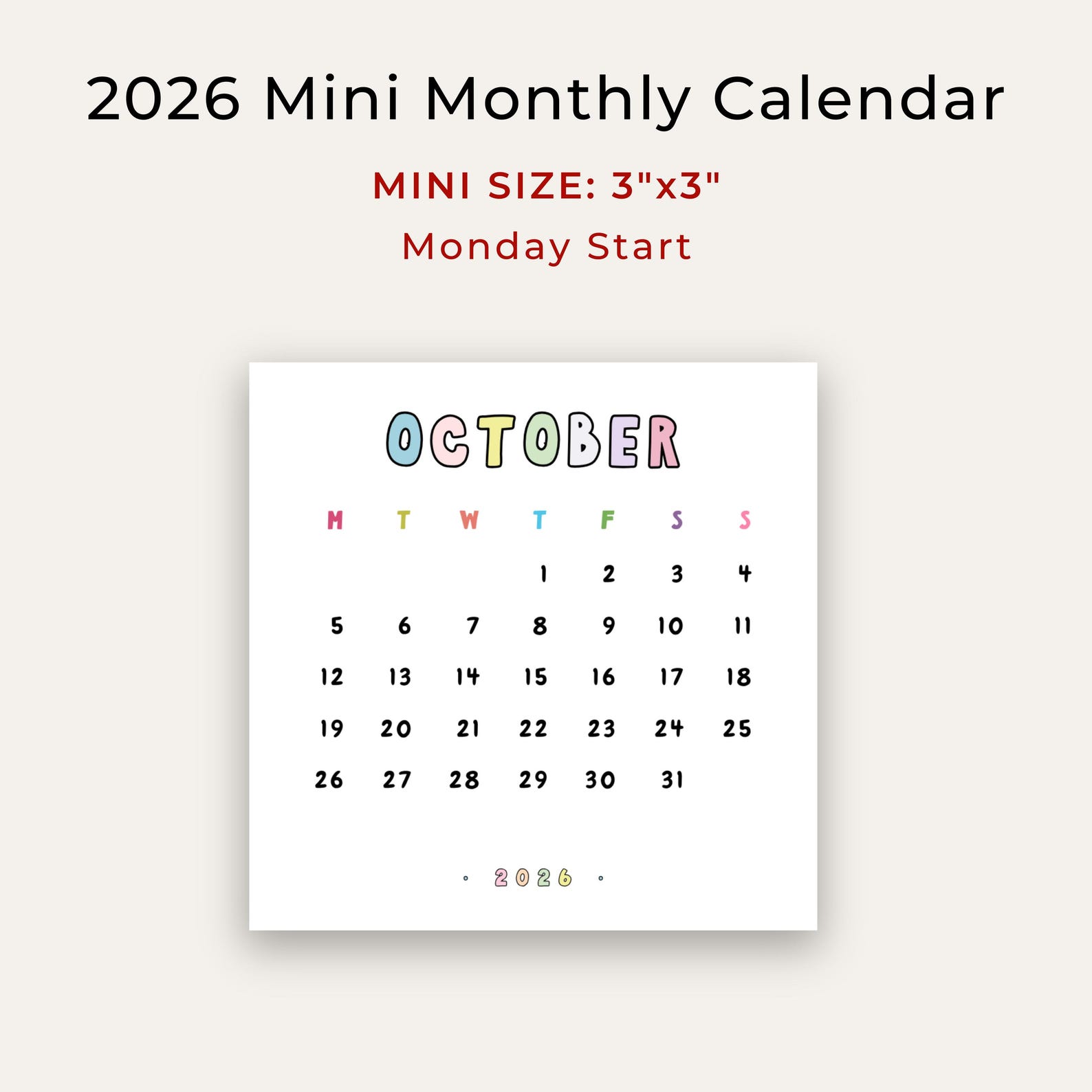 Cute 2026 Mini Calendar Printable 3x3 Inch Monthly PDF Pastel Colors ...