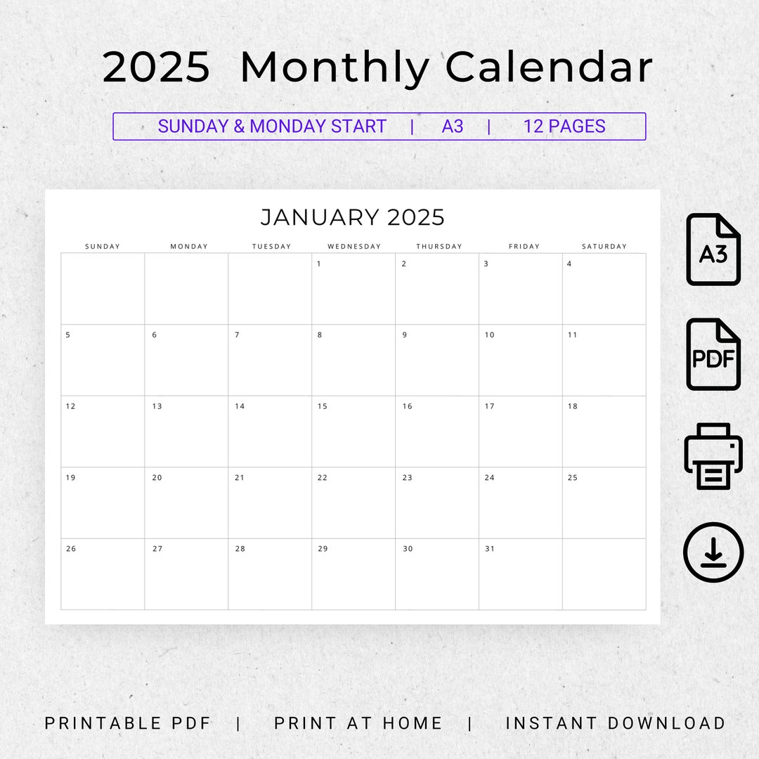 2025 Monthly Planner A3 Landscape Minimal Planner Black and White 2025 ...