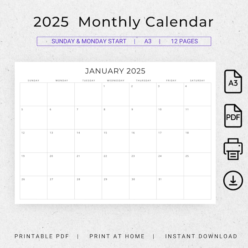 2025 Monthly Planner A3 Landscape Minimal Planner Black and White 2025 ...