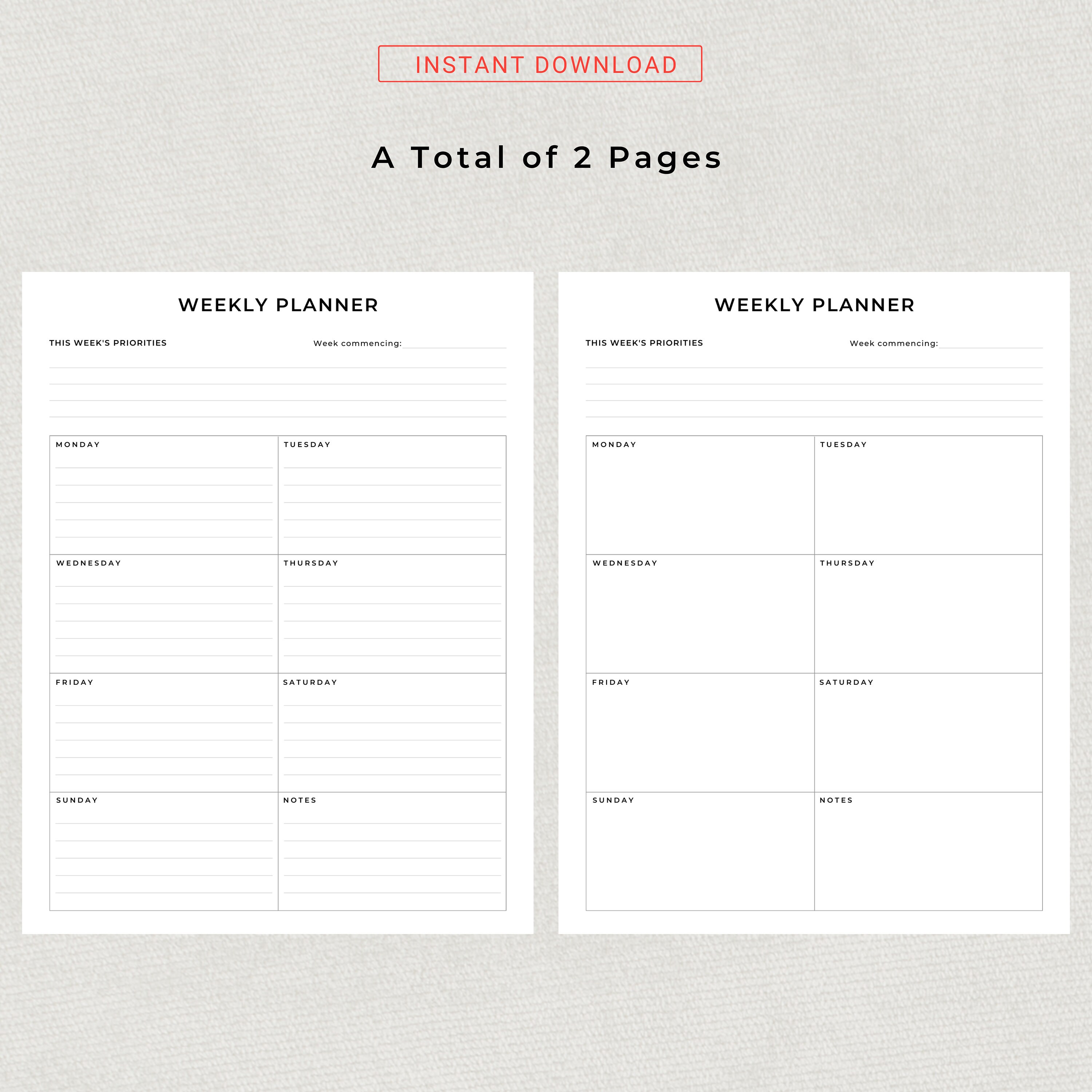 Printable Weekly Planner Vertical Minimalist Weekly Schedule Weekly ...