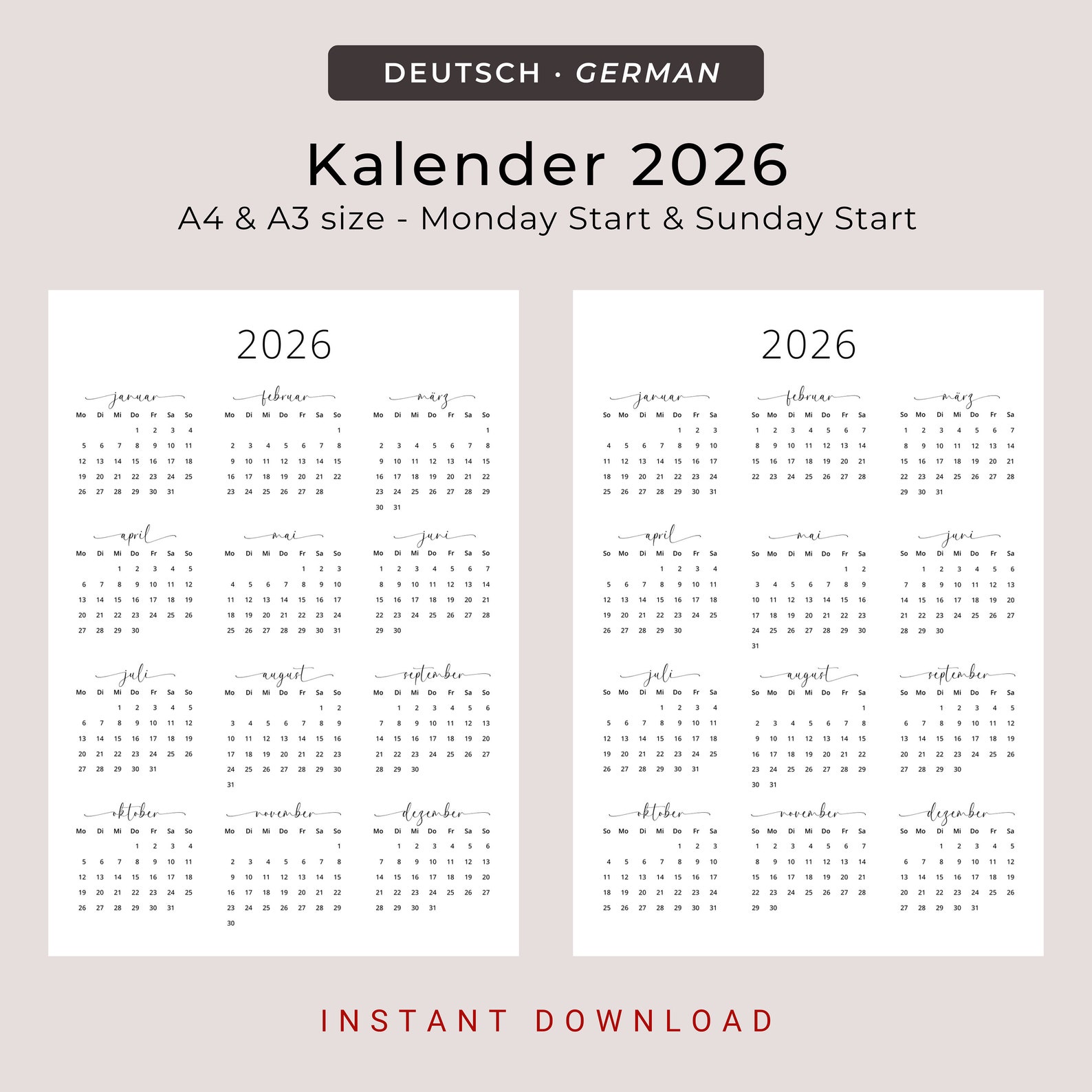 Kalender 2026 Kalender Deutsch Kalender zum Ausdrucken 2026 Deutschland ...