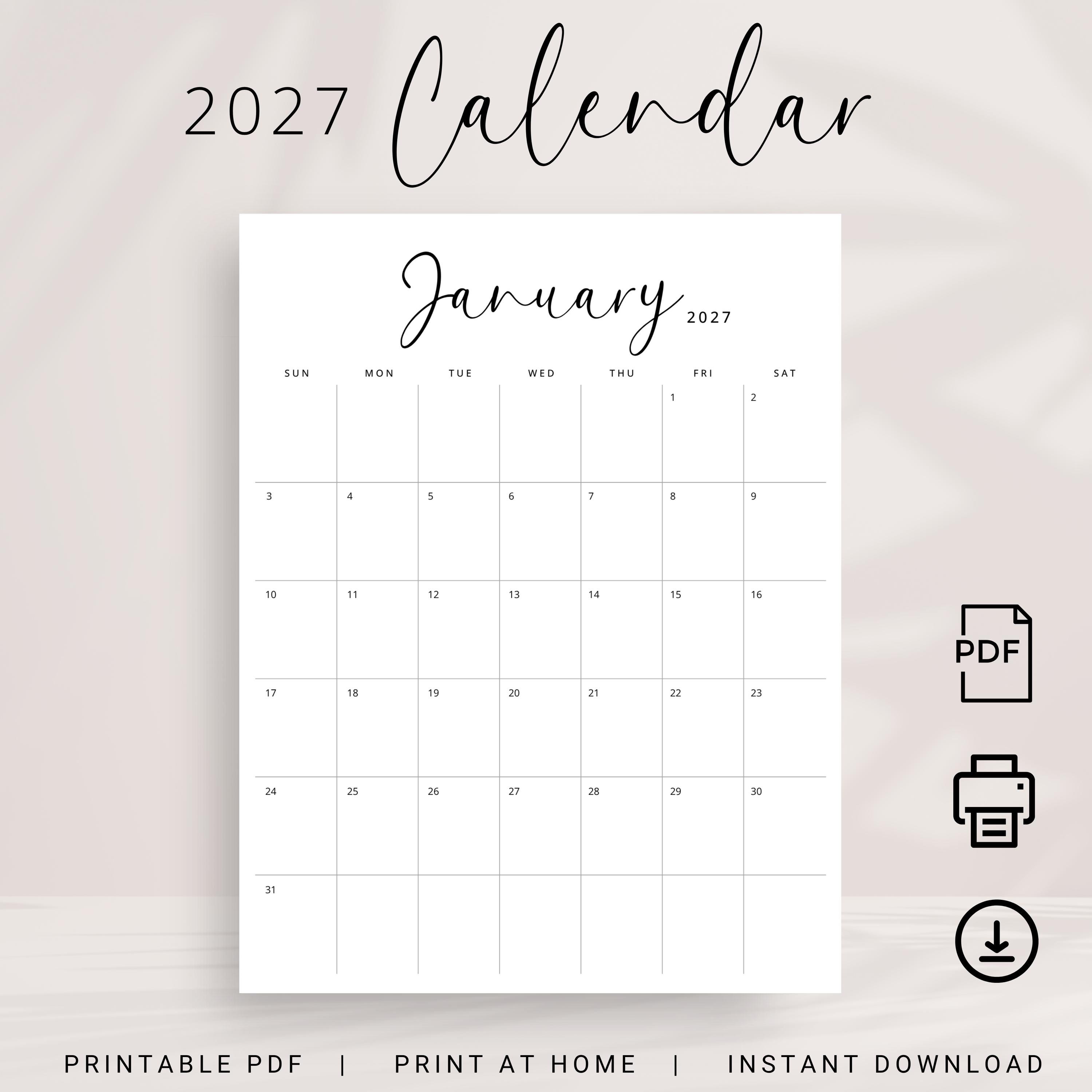 Printable 2027 Calendar 2027 Monthly Planner PDF Vertical Elegant Wall ...
