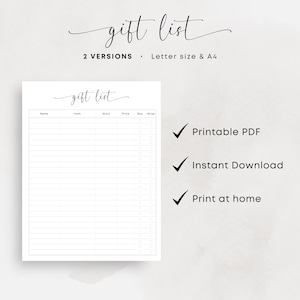 Gift List Printable Gift Ideas Gift Shopping List Present List Birthday ...