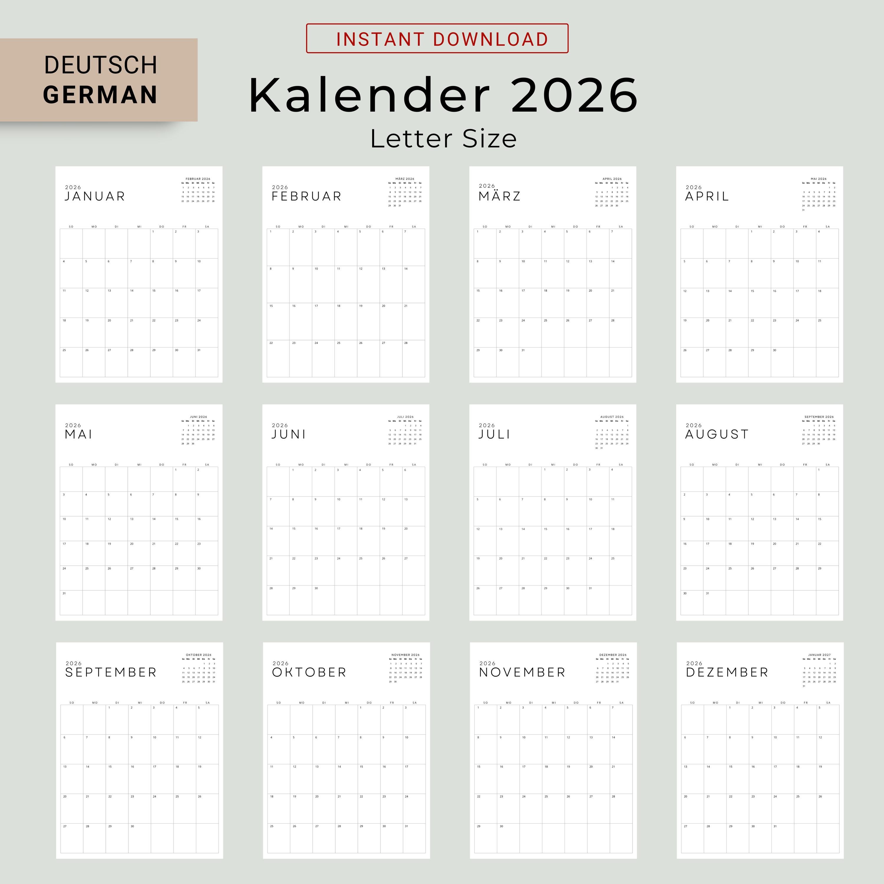 Kalender 2026 Kalender Deutsch 2026 Calendar in German With Next Month ...