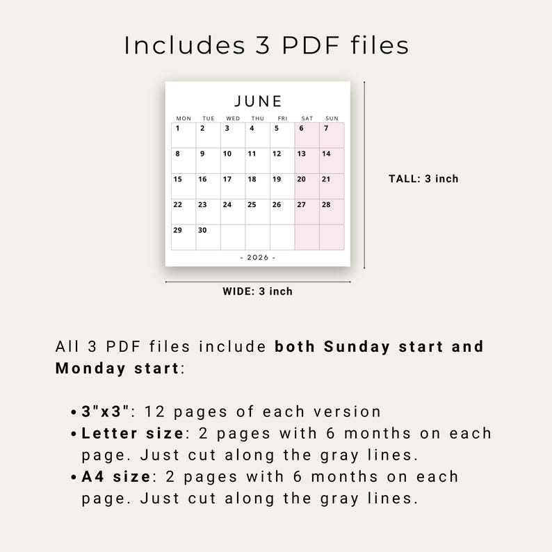 2026 Monthly Calendar 2026 Tiny Planner Printable PDF 3x3 Inch Box ...