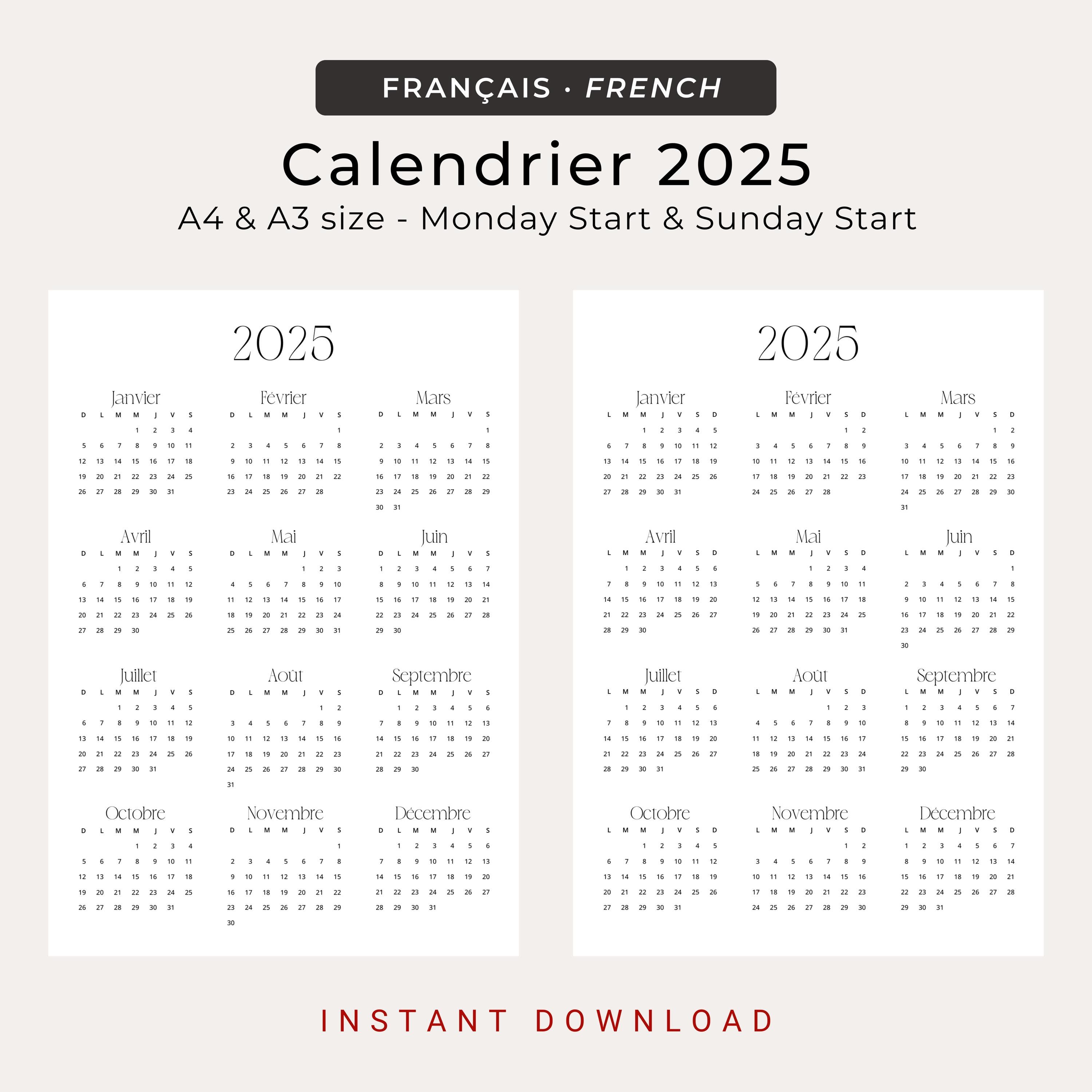 Calendrier Français 2025 Calendrier 2025 Calendrier Annuel 2025 Wall ...