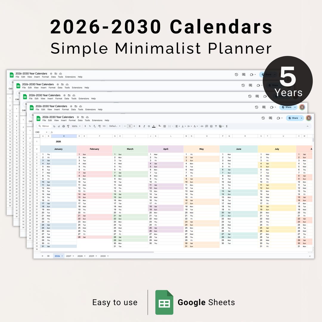 Plantilla de Google Sheets para el calendario anual 2026-2030 ...