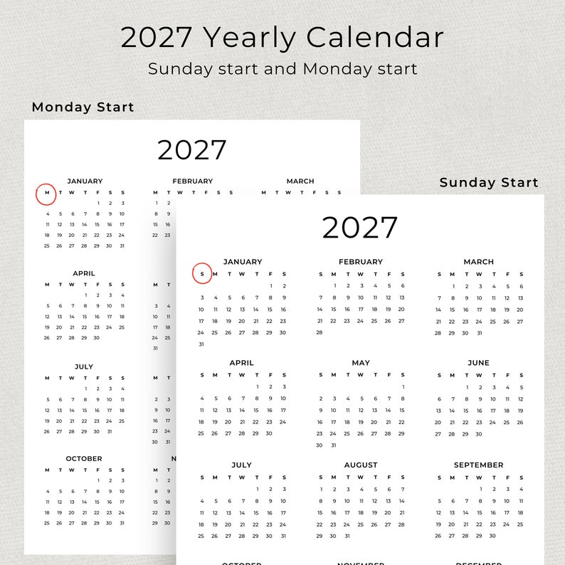 2027 Calendar 2027 Yearly Calendar Printable 2027 Wall Calendar 2027 ...