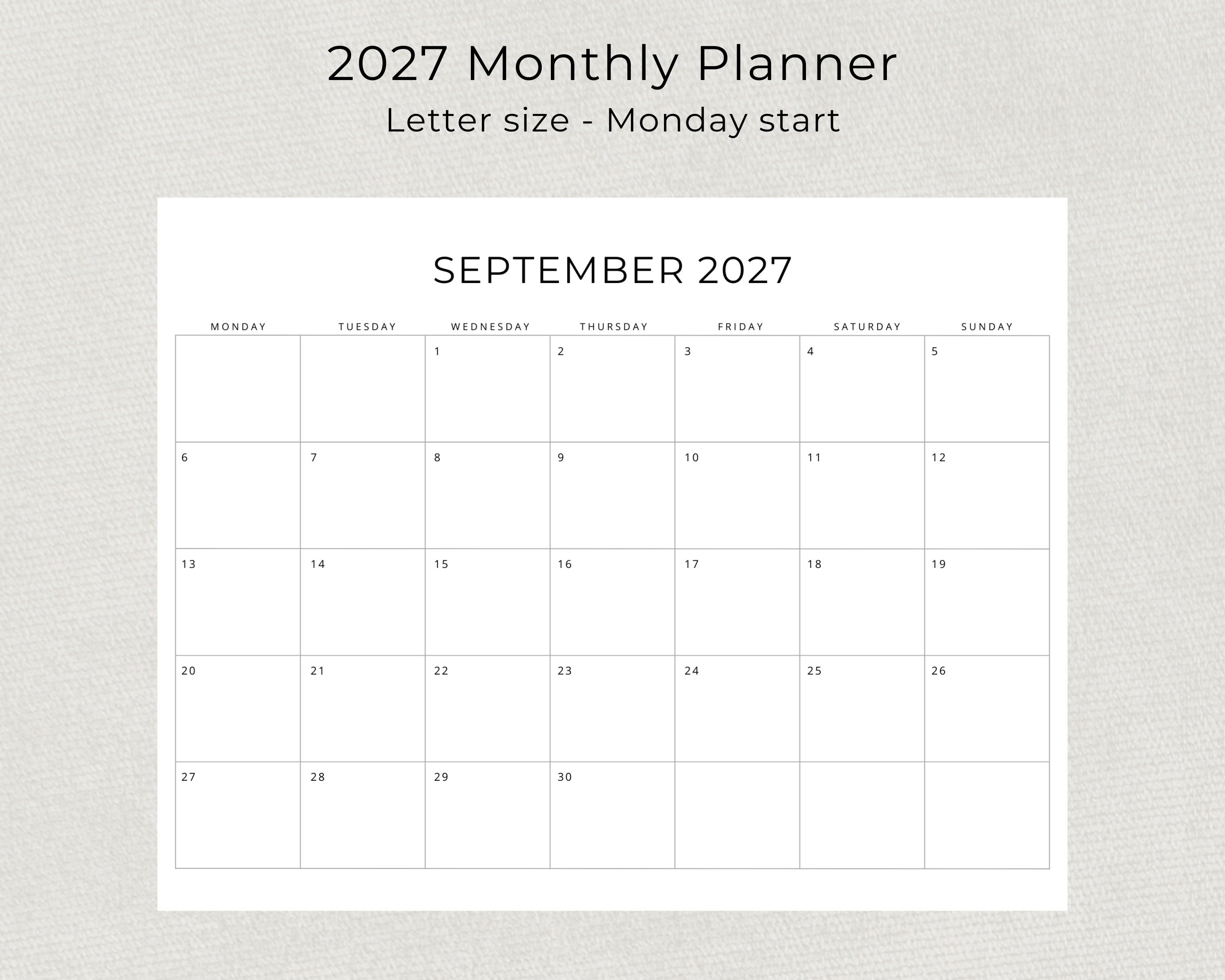 2027 Monthly Calendar 2027 Minimalist Monthly Planner Landscape Sunday ...