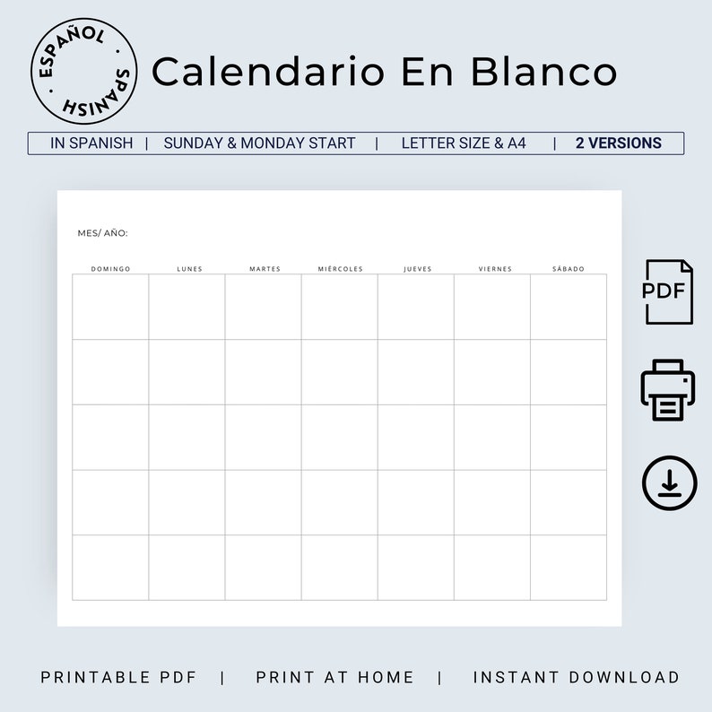 Calendario En Blanco Spanish Blank Calendar Calendario Mensual Sin ...