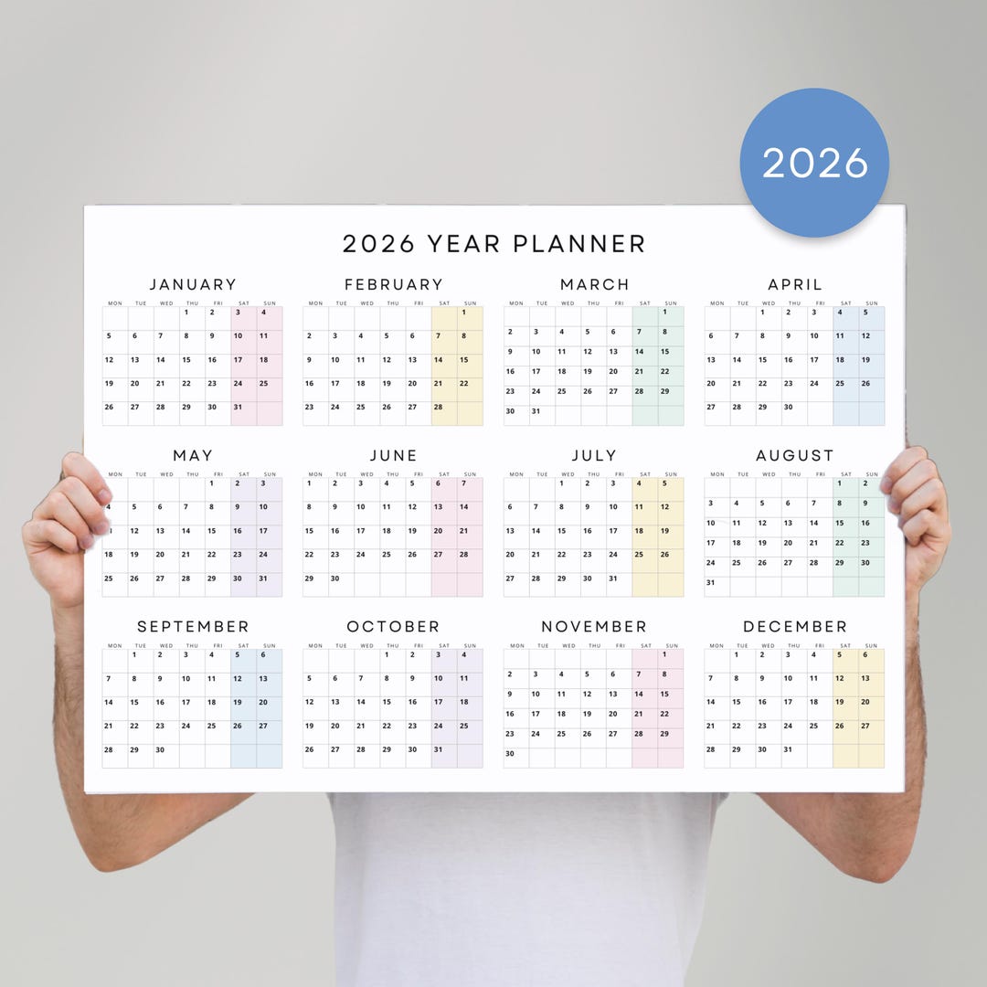 Large 2026 Year Planner Pastel 2026 Wall Calendar Landscape Printable ...