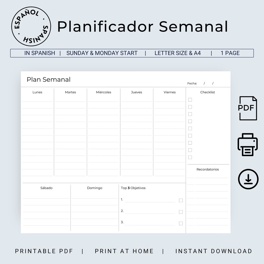 Spanish Planner Planificador Semanal Organizador Semanal Mi Semana ...