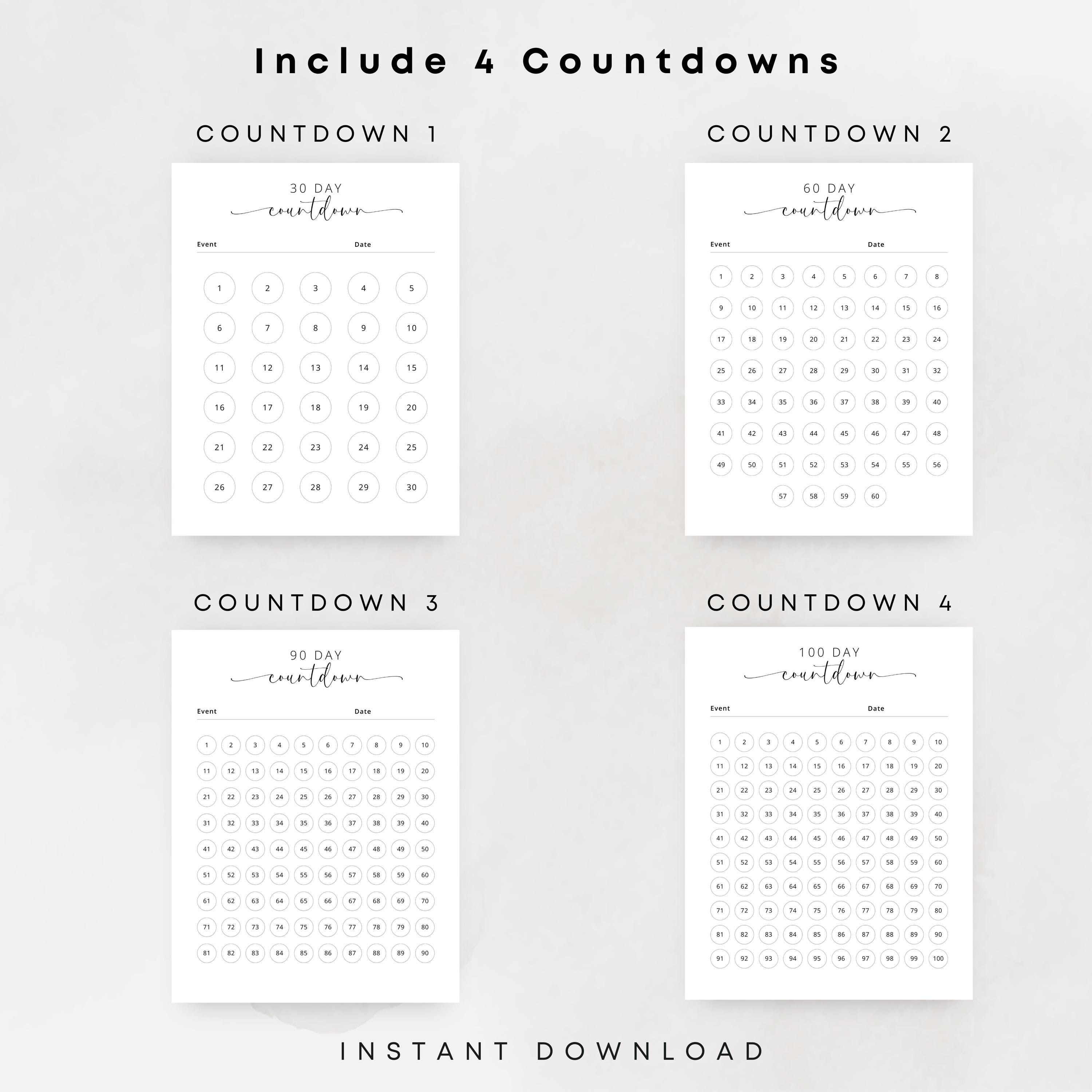 30, 60, 90, 100 Day Countdown Tracker Printable to Wedding Anniversary ...