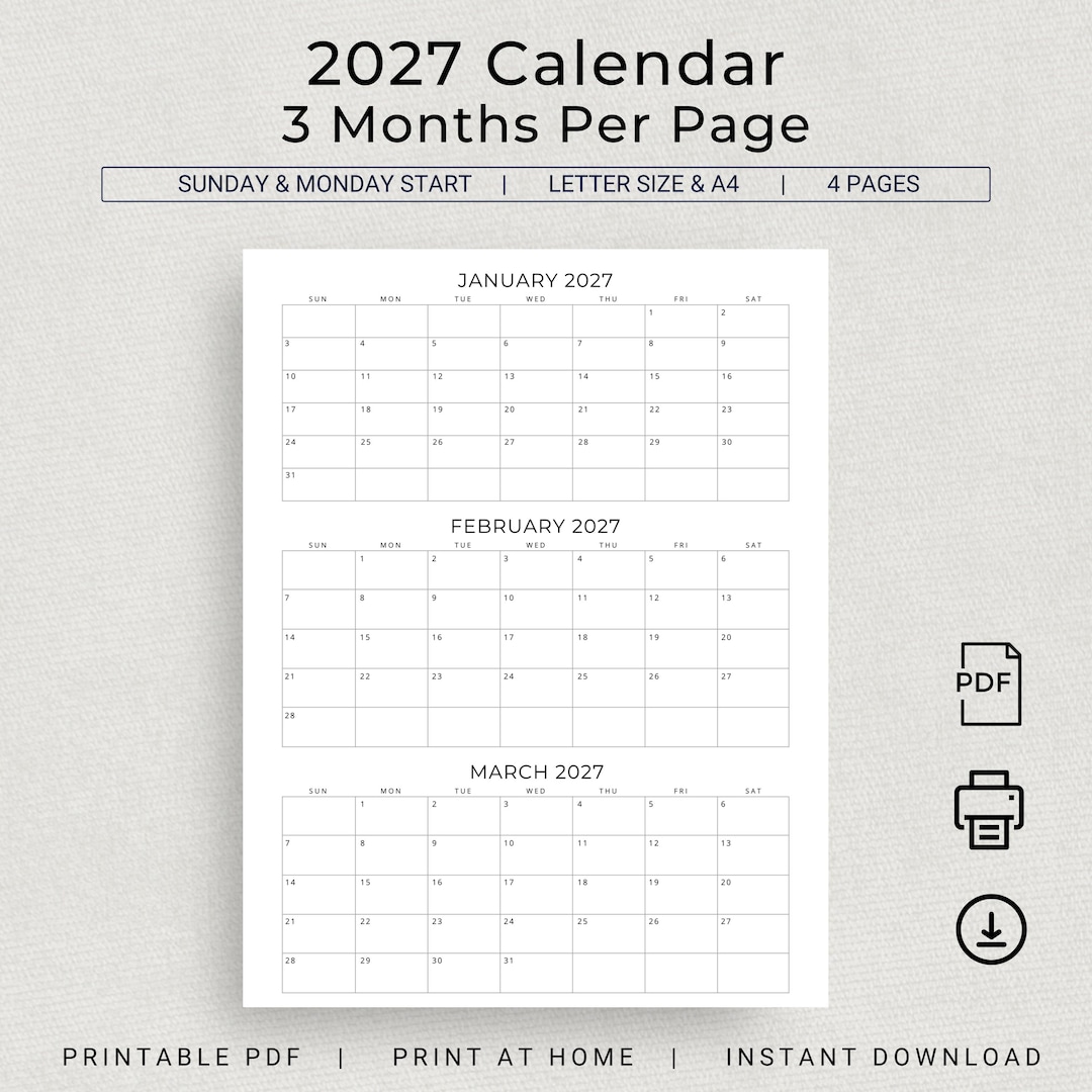 2027 Calendar 2027 3 Months per Page Calendar Monthly Planner Printable ...