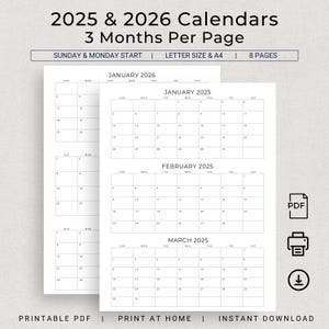 2025-2026 Minimalist Calendar 3 Month per Page Calendar 2025 2026 ...
