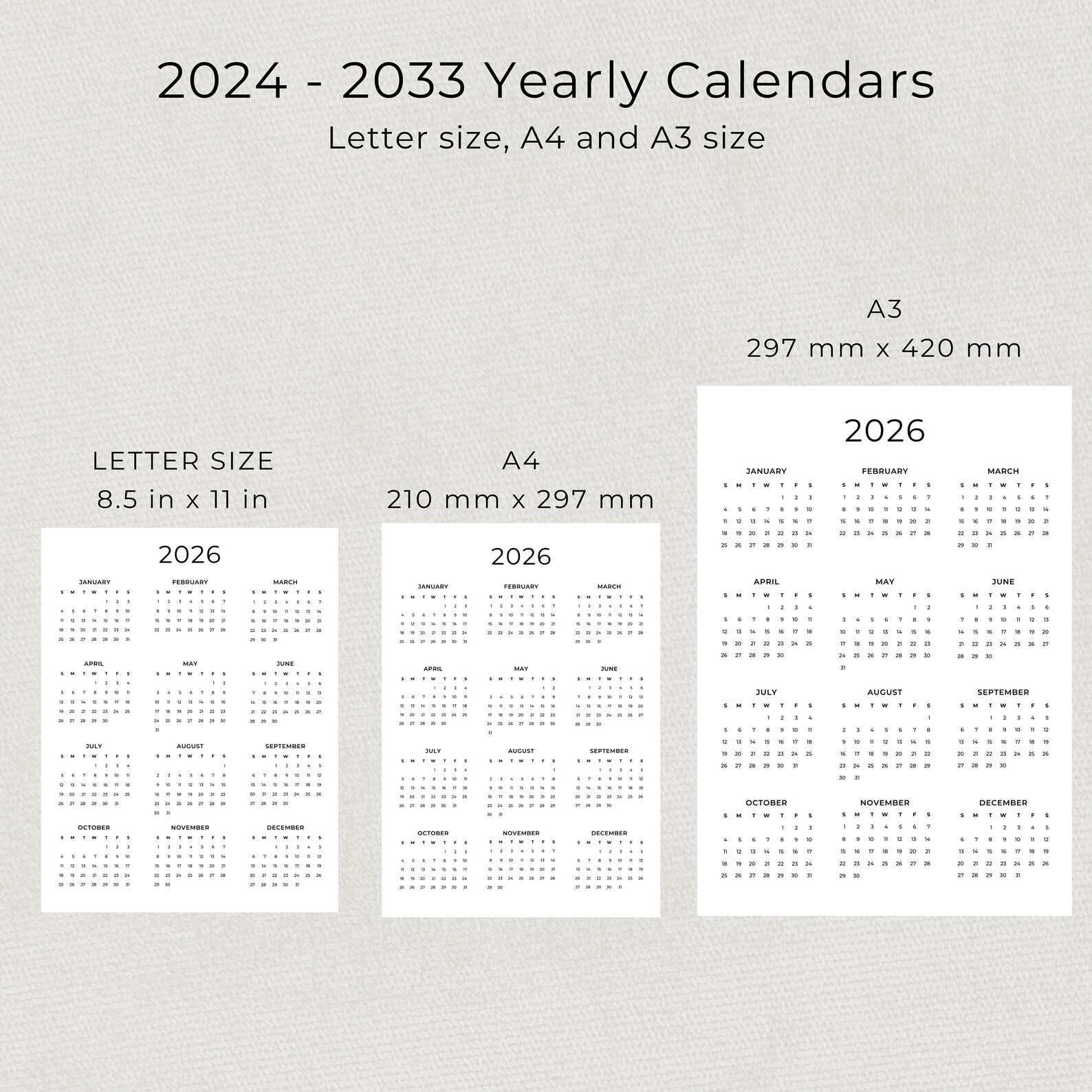 2024 to 2033 Calendar 2024-2033 Yearly Calendar Printable 10 Years Wall ...