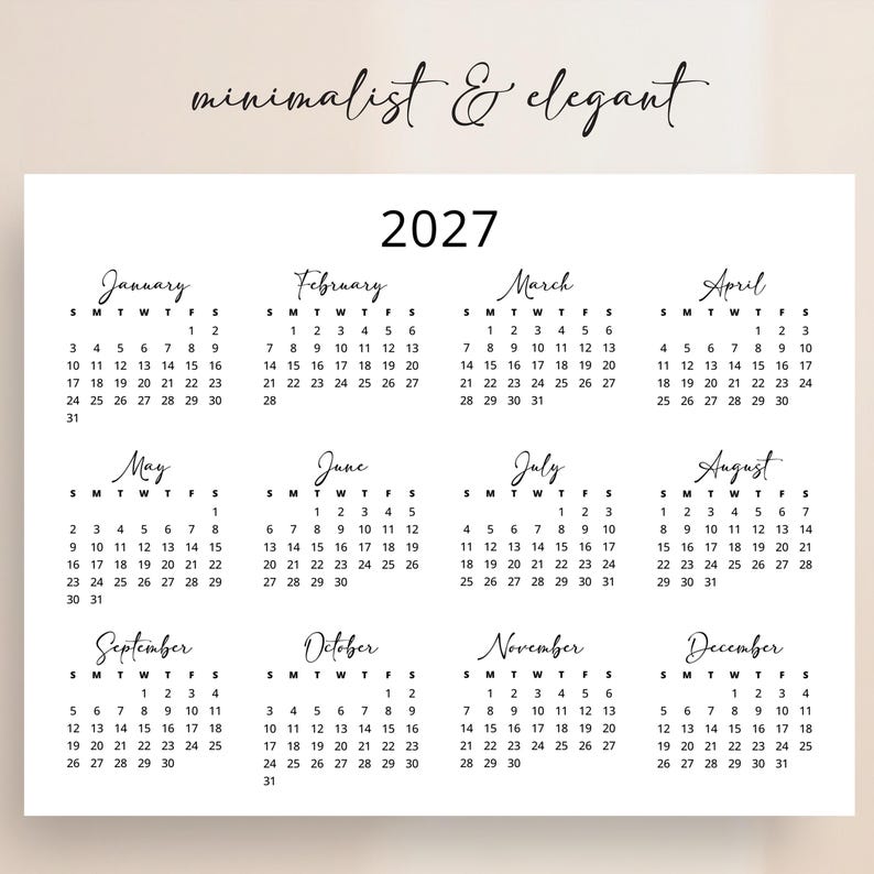 2027 Yearly Calendar 2027 Calendar Landscape Soft Minimalist Wall ...