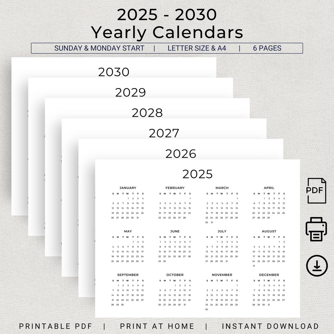 2025 to 2030 Yearly Calendar Landscape 2025-2030 Year Calendar ...