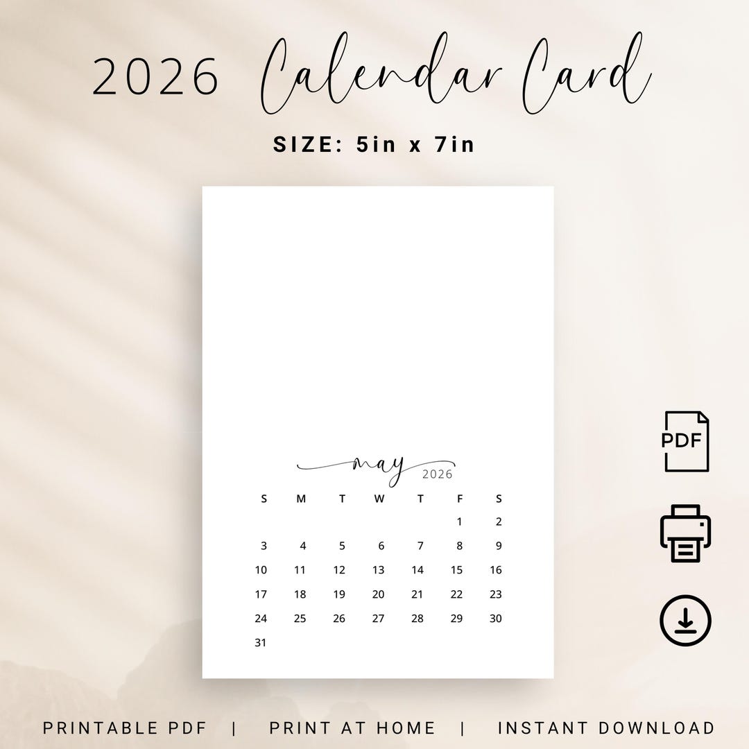 2026 Monthly Calendar 5x7 in 2026 Calendar Card PRINTABLE Pdf Elegant ...