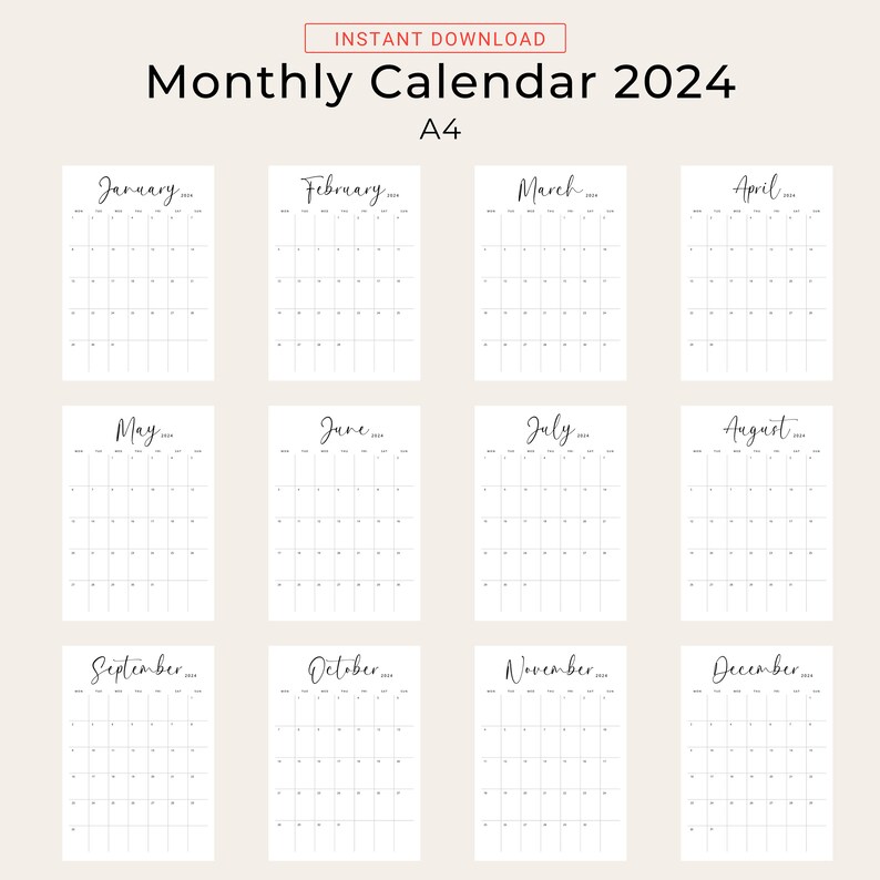 2023 2024 Calendar Printable 2023 2024 Monthly Planner Portrait A4 ...