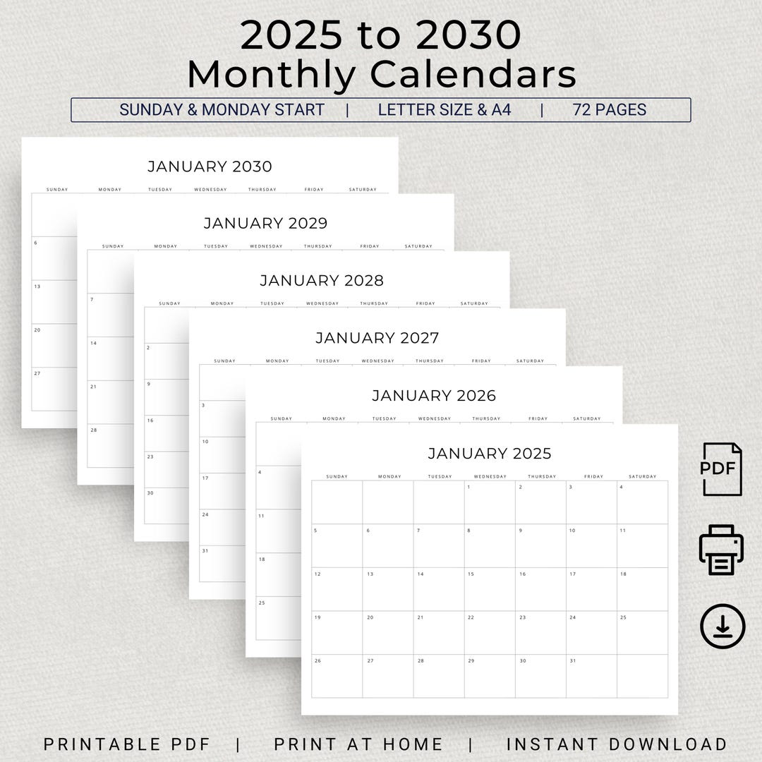 2025 to 2030 Calendar 2025-2030 Monthly Calendar 2025 2026 2027 2028 ...