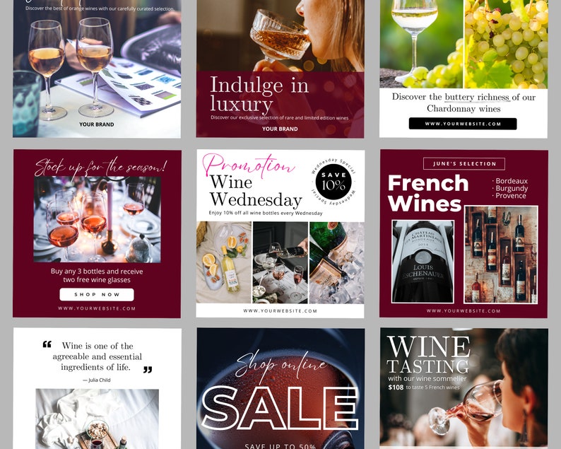 30 Wine Shop Instagram Canva Template Winery Social Media Template Wine ...