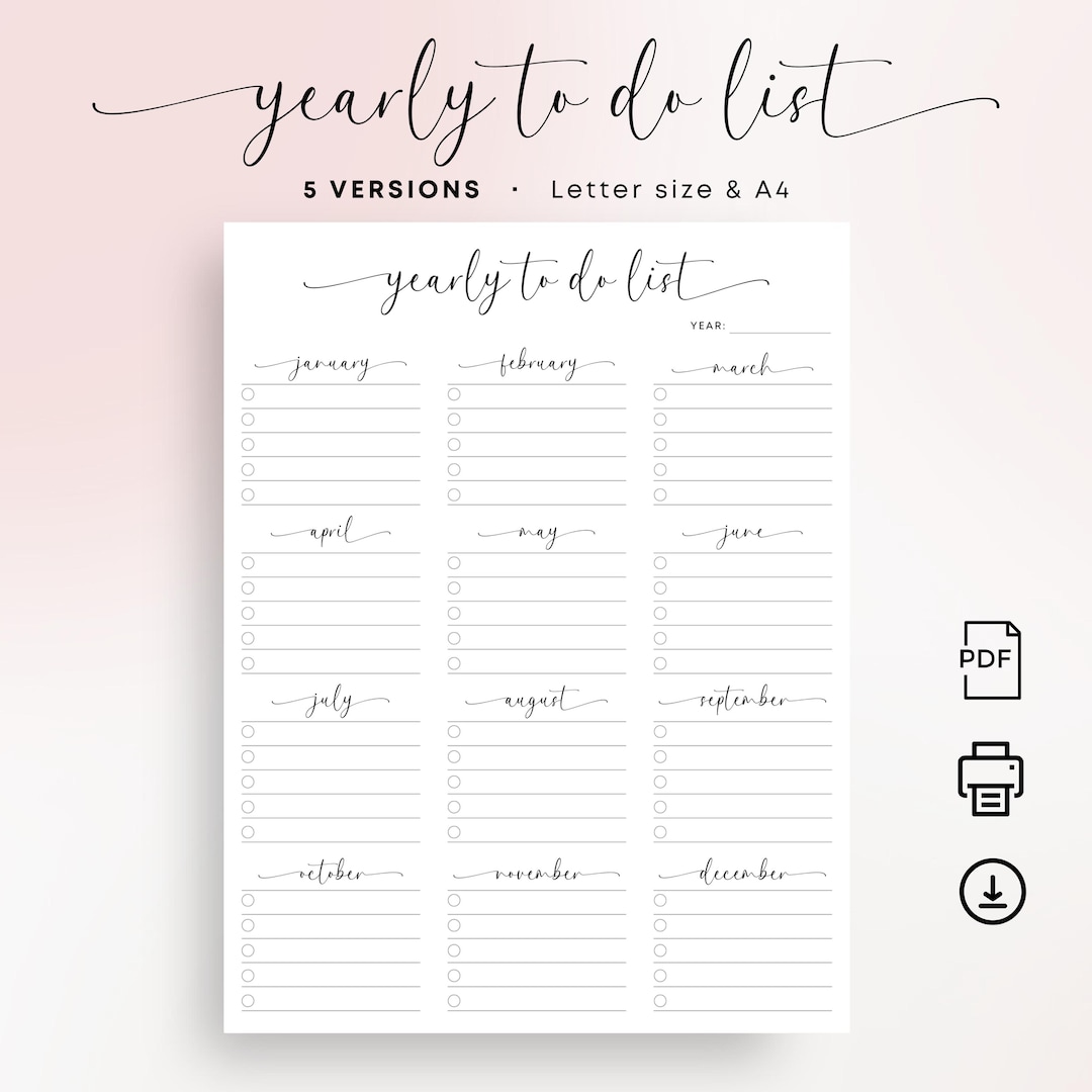 Printable Yearly to Do List Yearly Planner PDF Productivity Planner ...