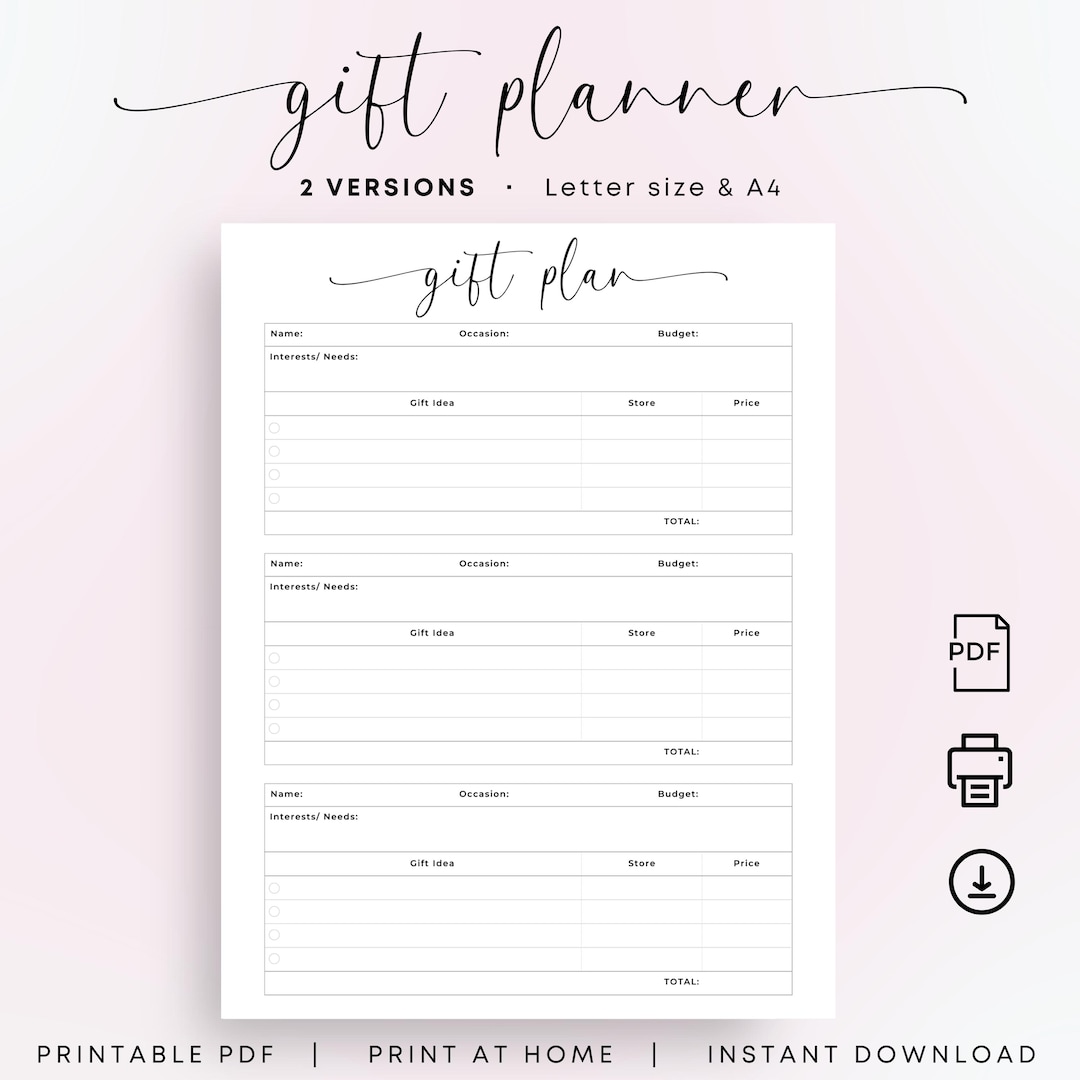 Gift Planner Printable Gift Shopping List Gift Idea Checklist Present ...