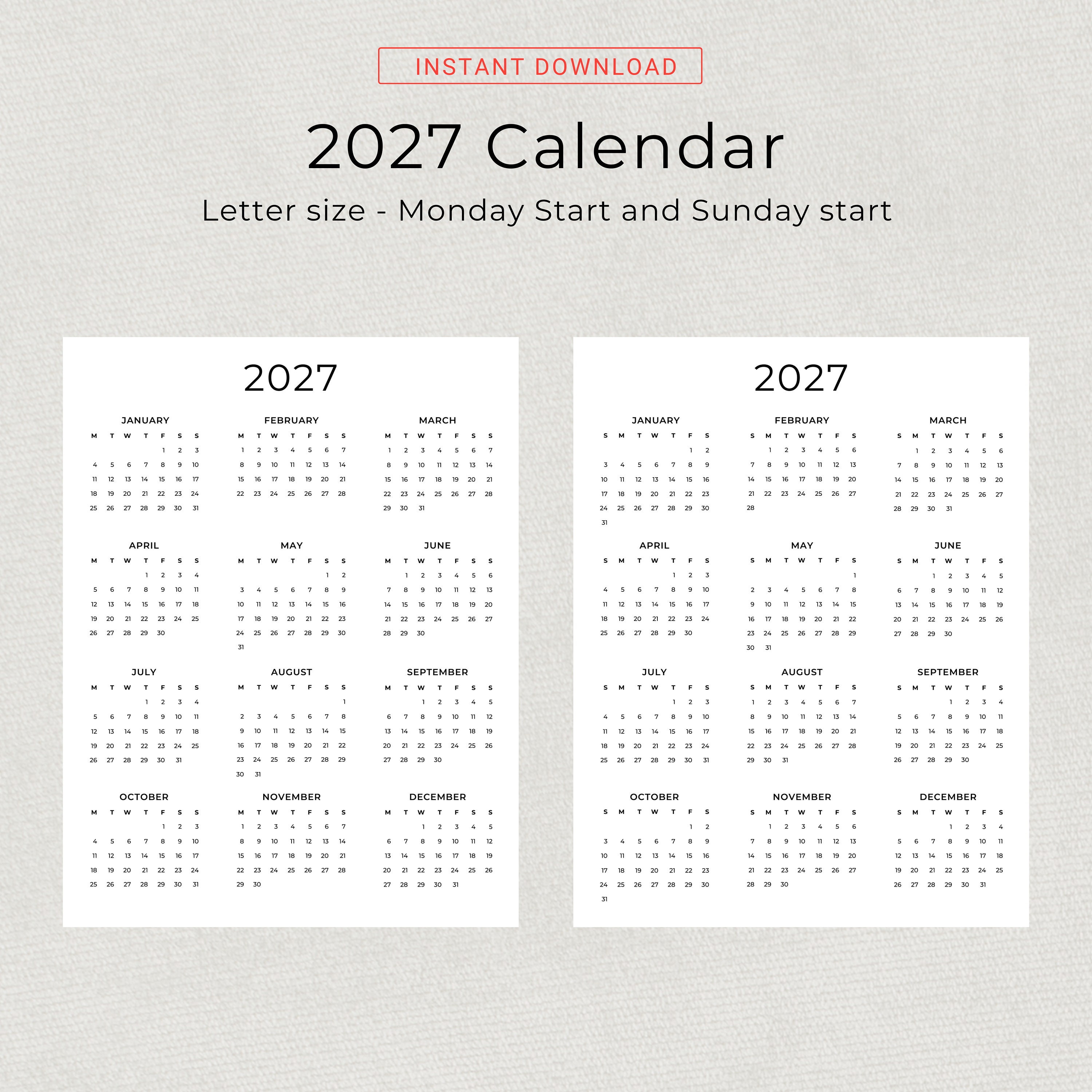 2027 Calendar 2027 Yearly Calendar Printable 2027 Wall Calendar 2027 ...