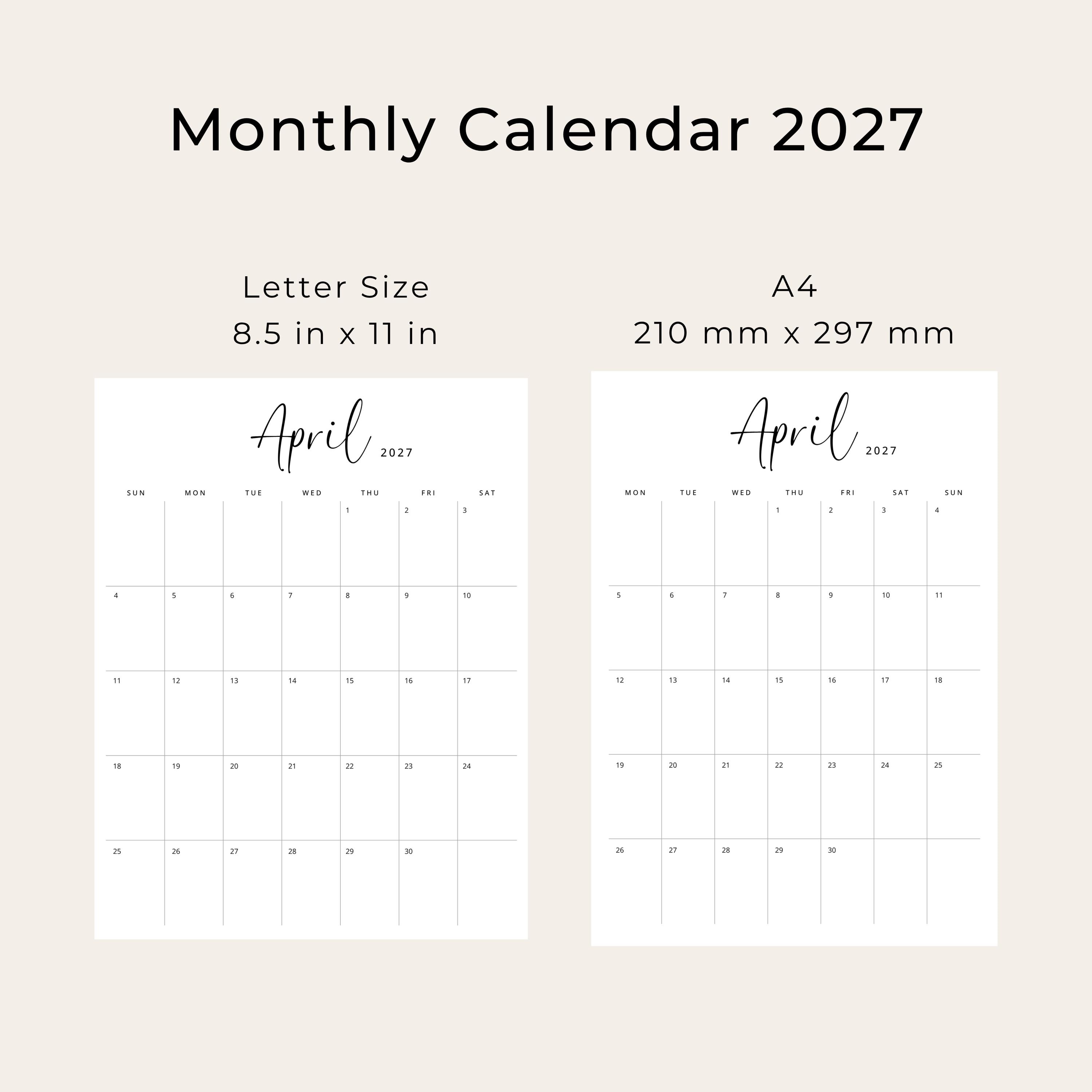 Printable 2027 Calendar 2027 Monthly Planner PDF Vertical Elegant Wall ...