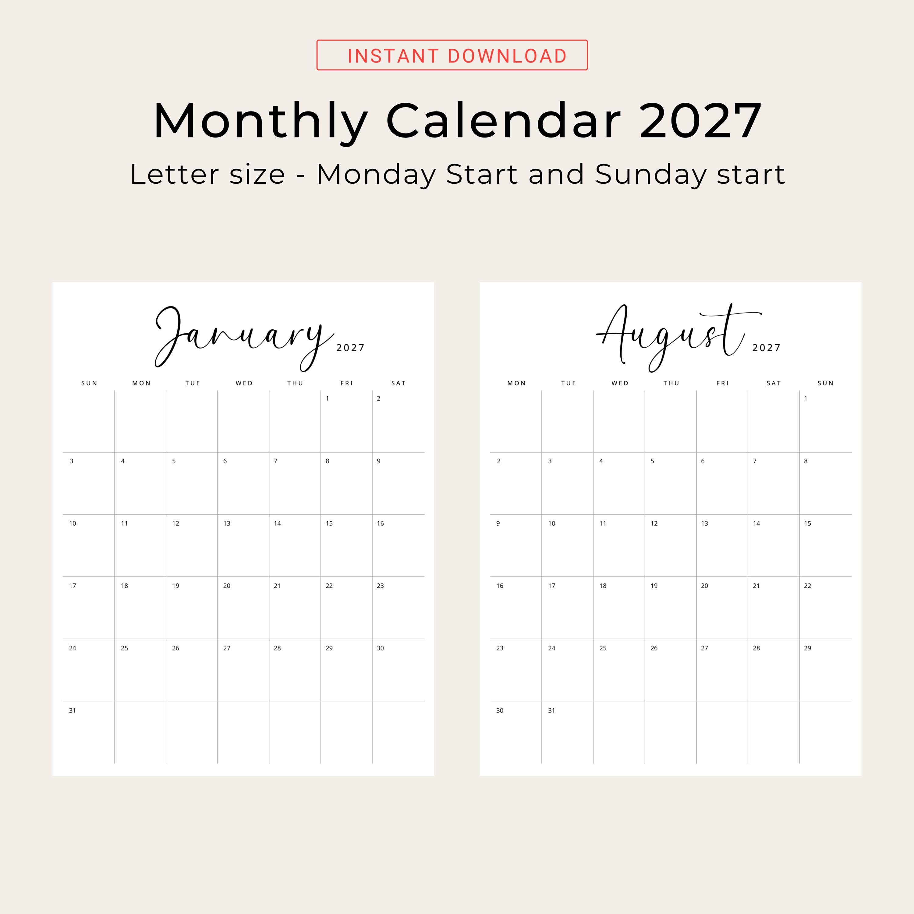 Printable 2027 Calendar 2027 Monthly Planner PDF Vertical Elegant Wall ...