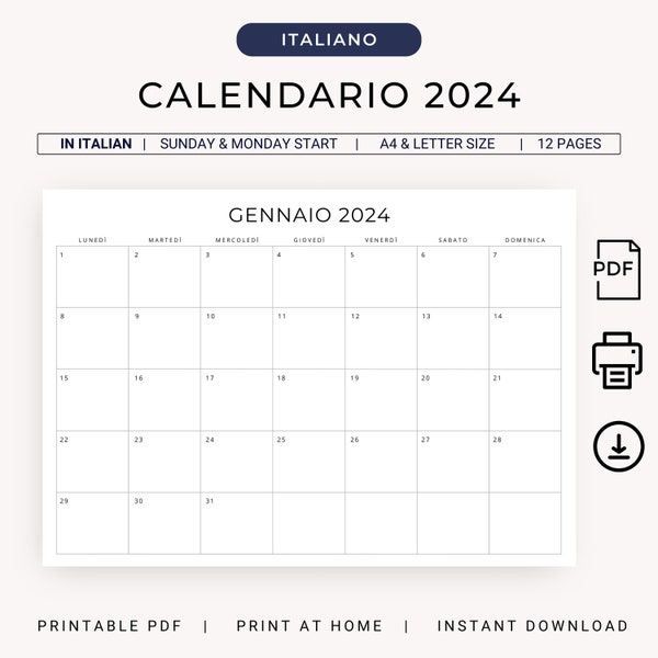 2024 Calendario 2024 Calendario in Italiano 2024 Stampabile Italian ...
