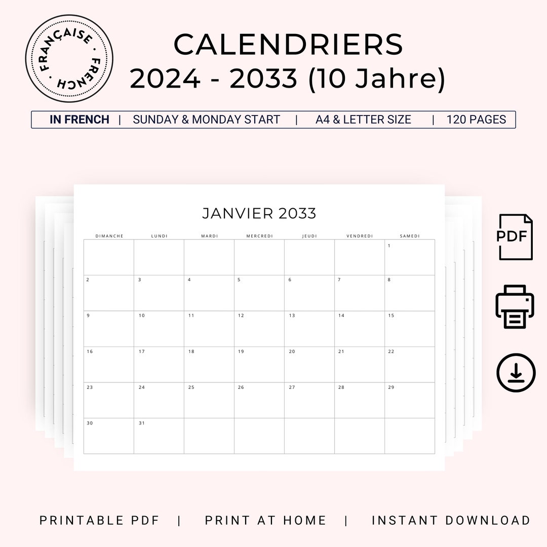 Calendriers Français 2024 2033 10 Jahre Planificateur French Calendar ...