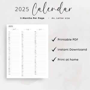 2025 Year at a Glance Calendar 2025 Yearly Planner Vertical 3 Months ...