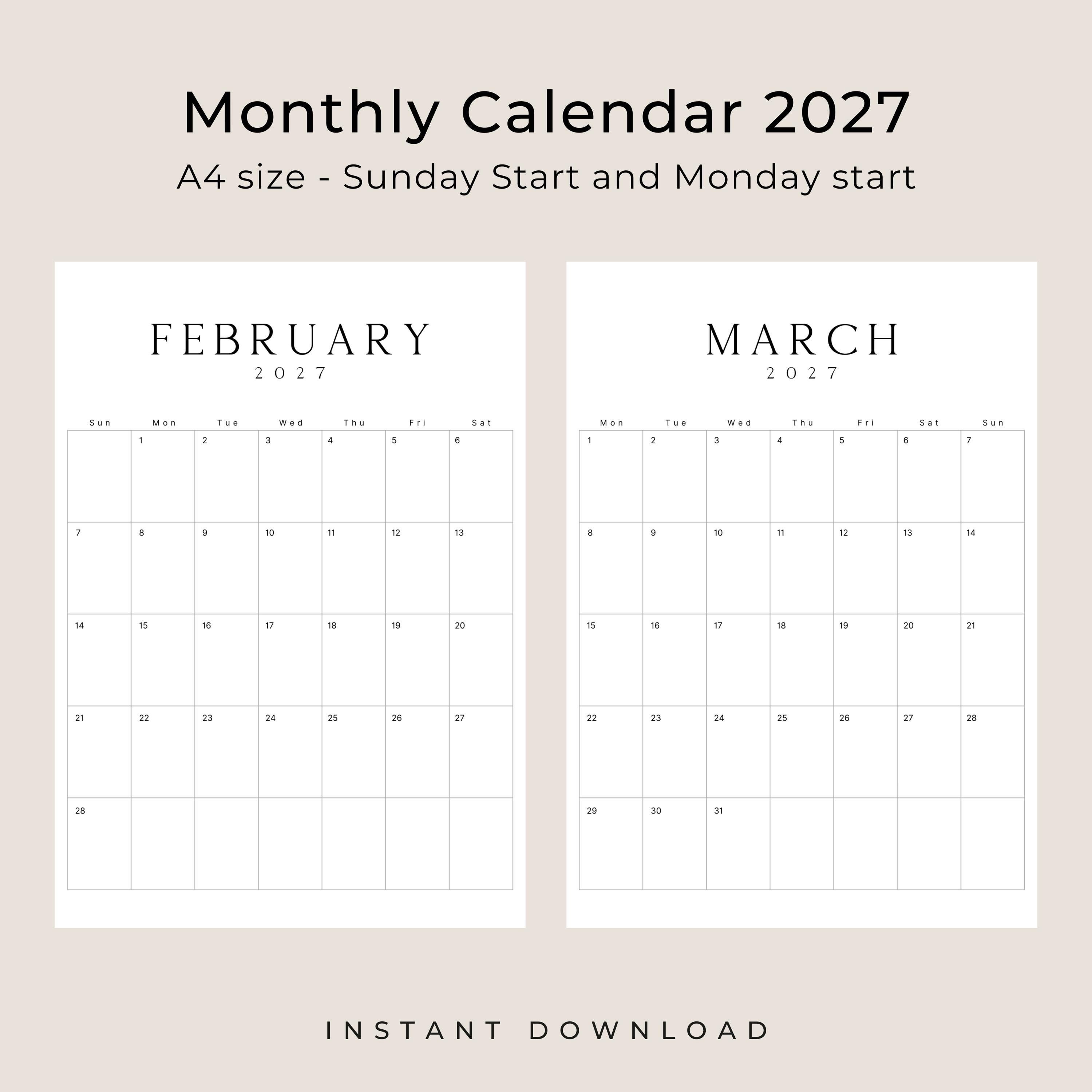 2027 Calendar Printable 2027 Monthly Planner Portrait 2027 LUXE Monthly ...