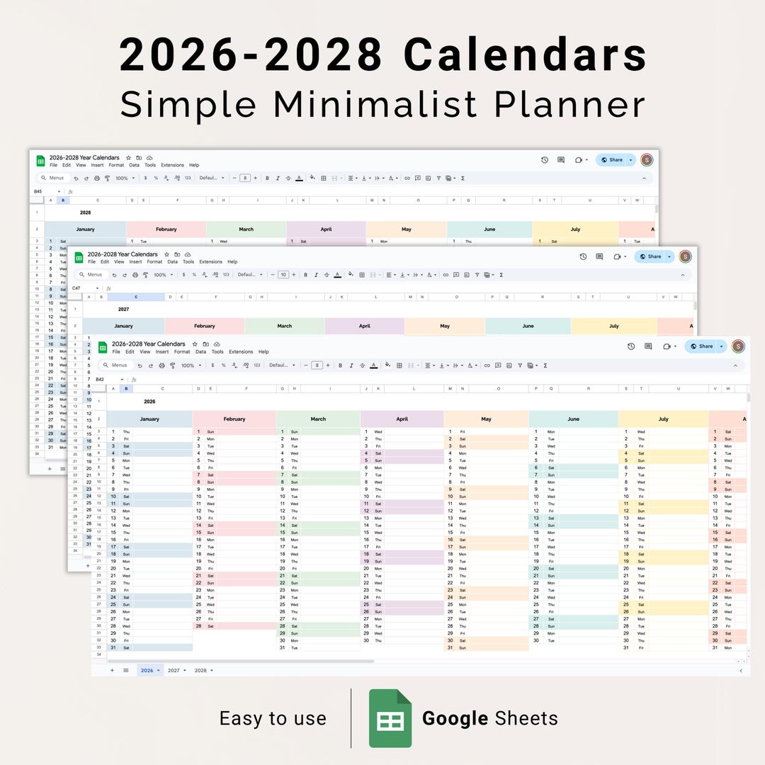 2026 2027 2028 Year Calendar Google Sheets Template 2026-2028 Digital ...