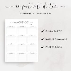 Important Dates Tracker Printable Special Dates Reminder Birthday ...