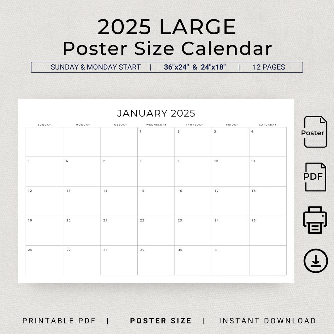 2025 Large Calendar 2025 Monthly Planner Poster 24x18 & 36x24 Calendar ...