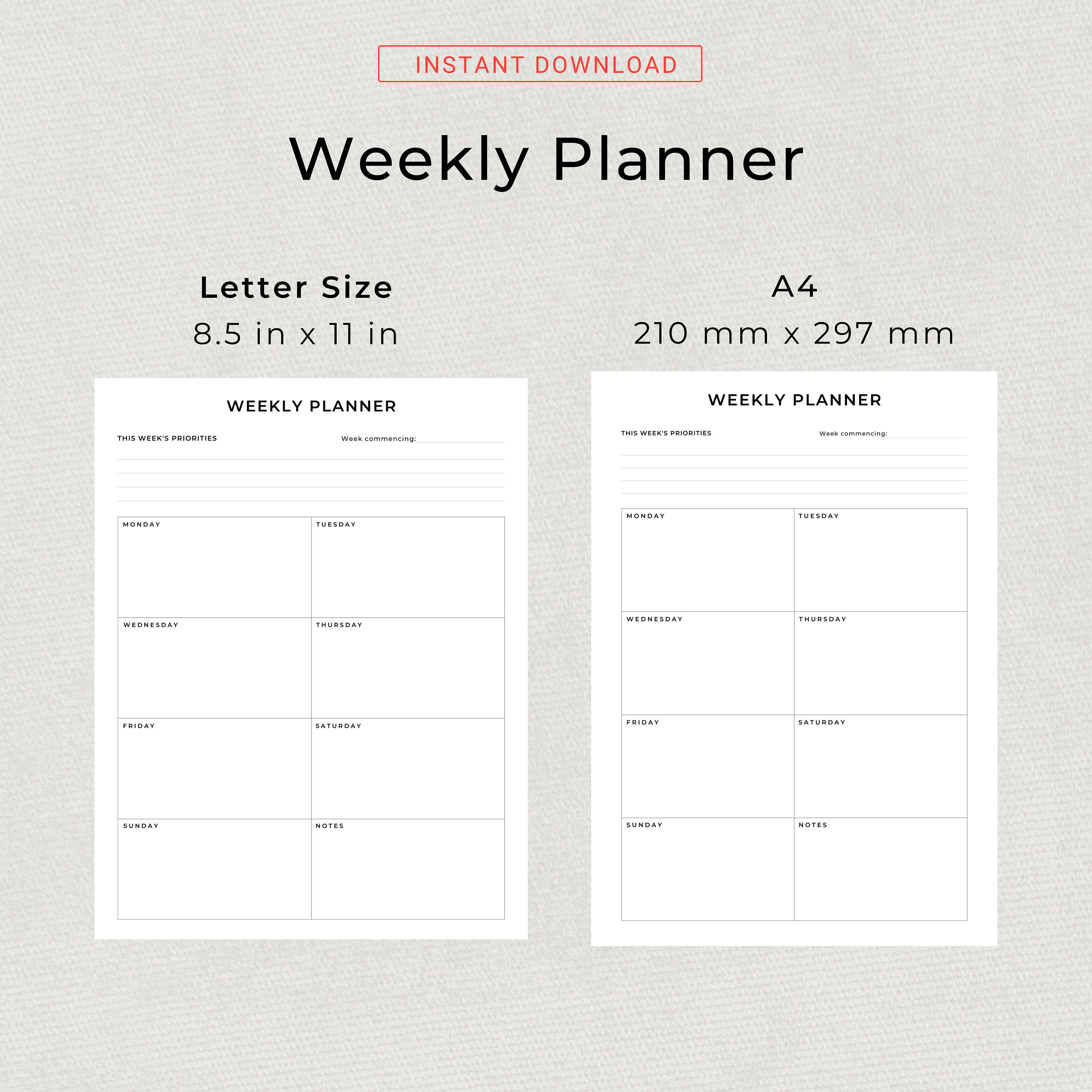 Week at a Glance Printable Weekly Planner Minimal Week Overview Office ...