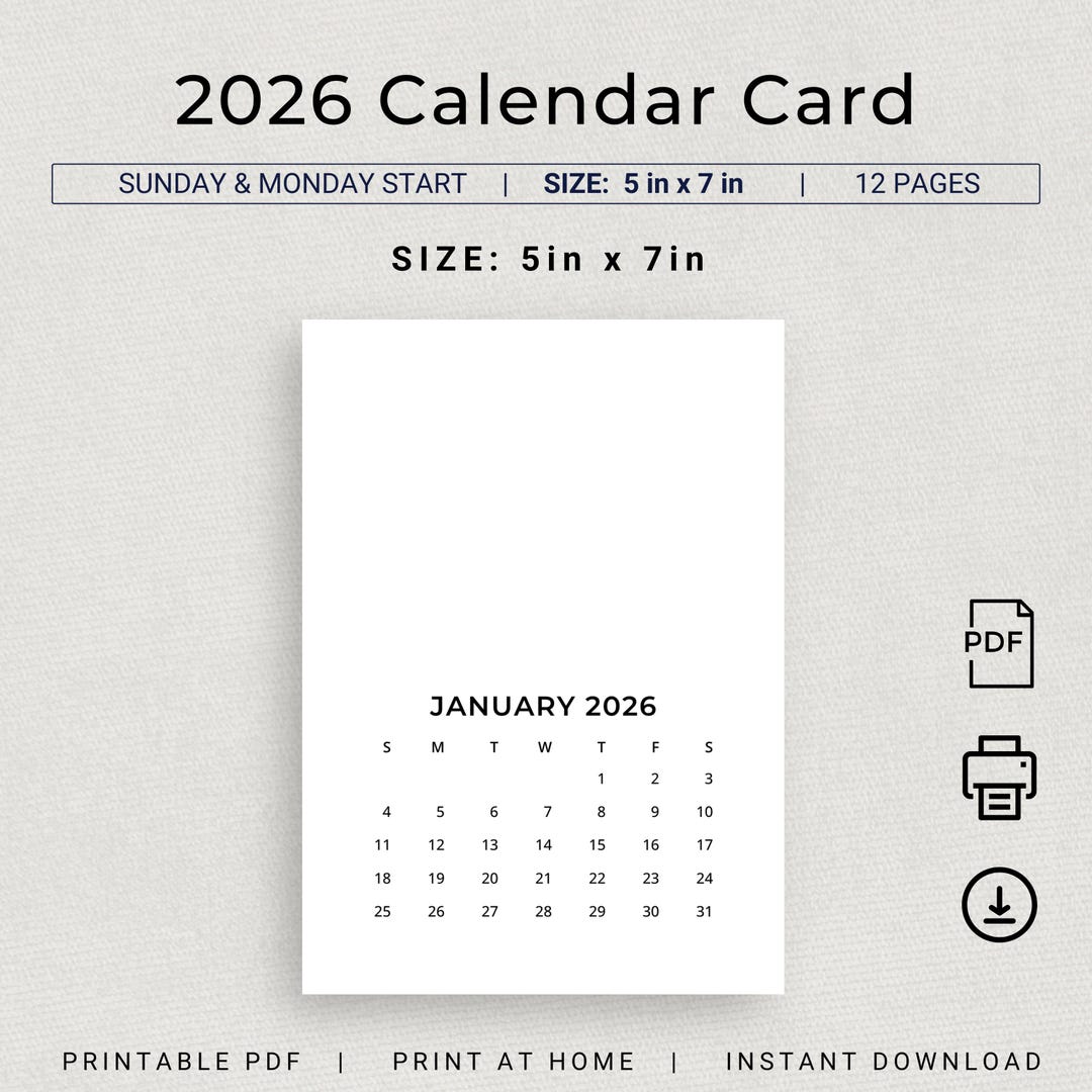 2026 Monthly Calendar 5x7 in 2026 Calendar Card Small PRINTABLE PDF ...