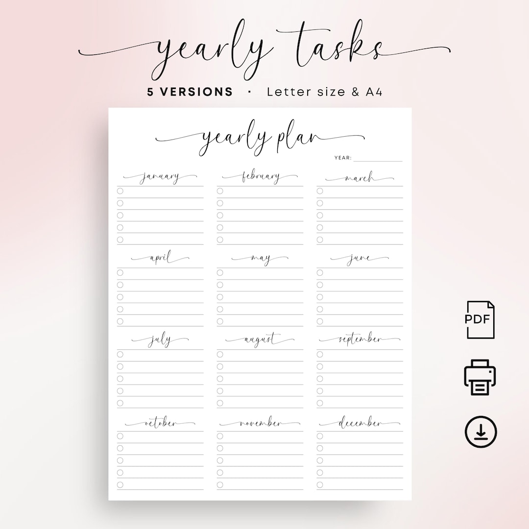 Yearly Planner Yearly to Do List Yearly Tasks Printable Annual ...