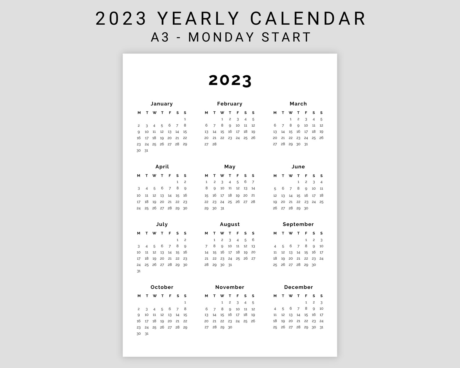 2023 Yearly Calendar Printable On One Page A3 Size Vertical Etsy Espa a
