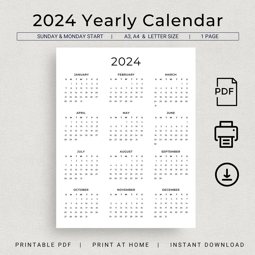 2024 Calendar 2024 Yearly Calendar Printable 2024 Wall Calendar 2024 ...