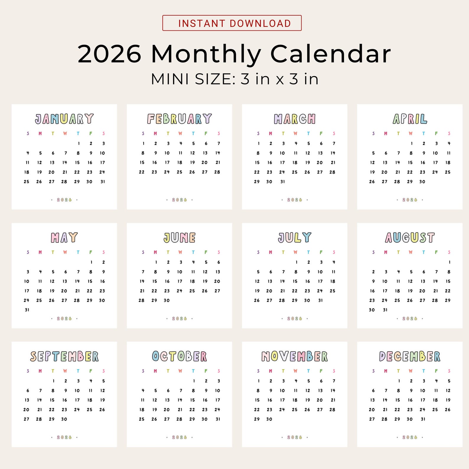 Cute 2026 Mini Calendar Printable 3x3 Inch Monthly PDF Pastel Colors ...